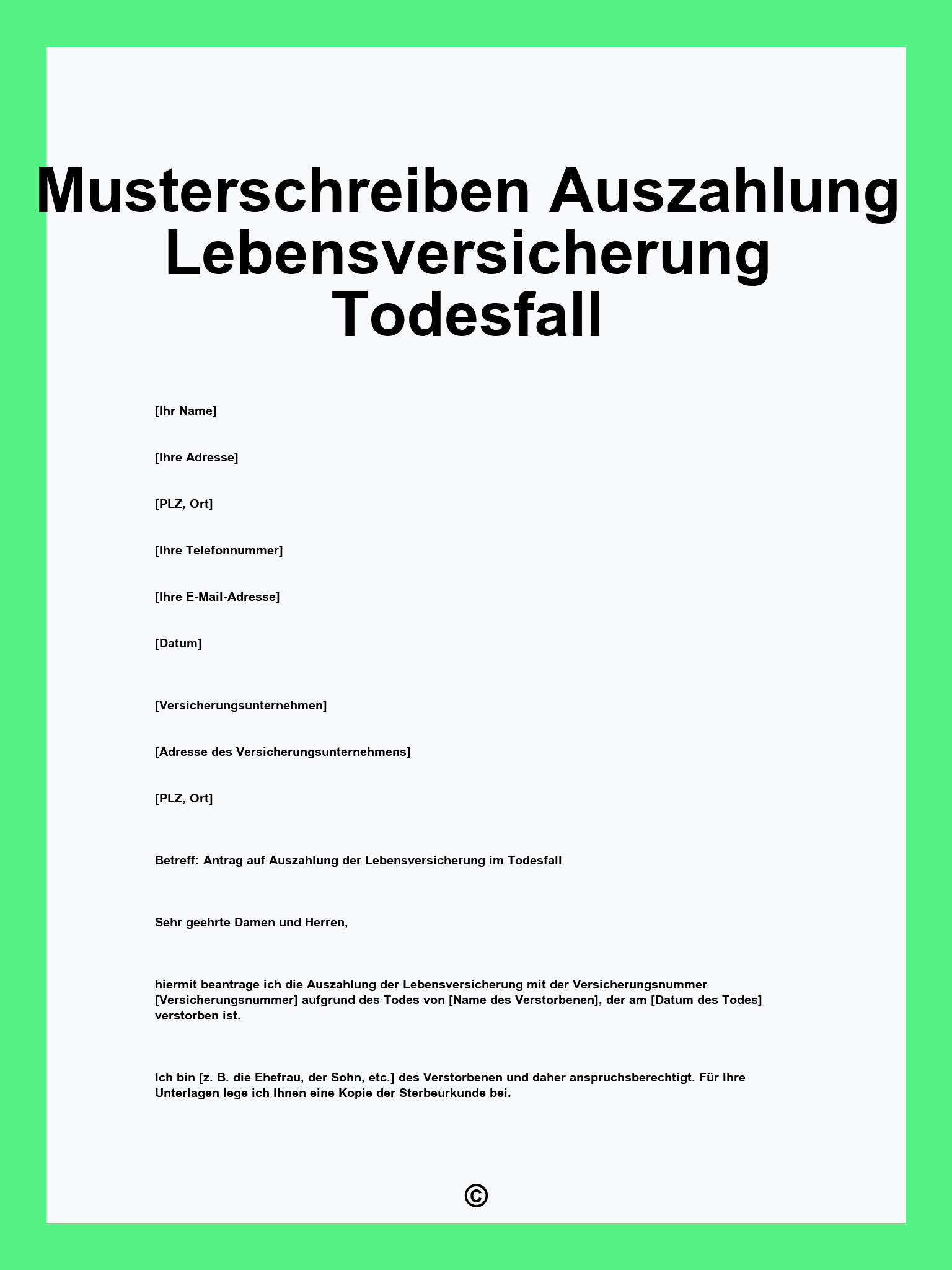 Musterschreiben Auszahlung Lebensversicherung Todesfall